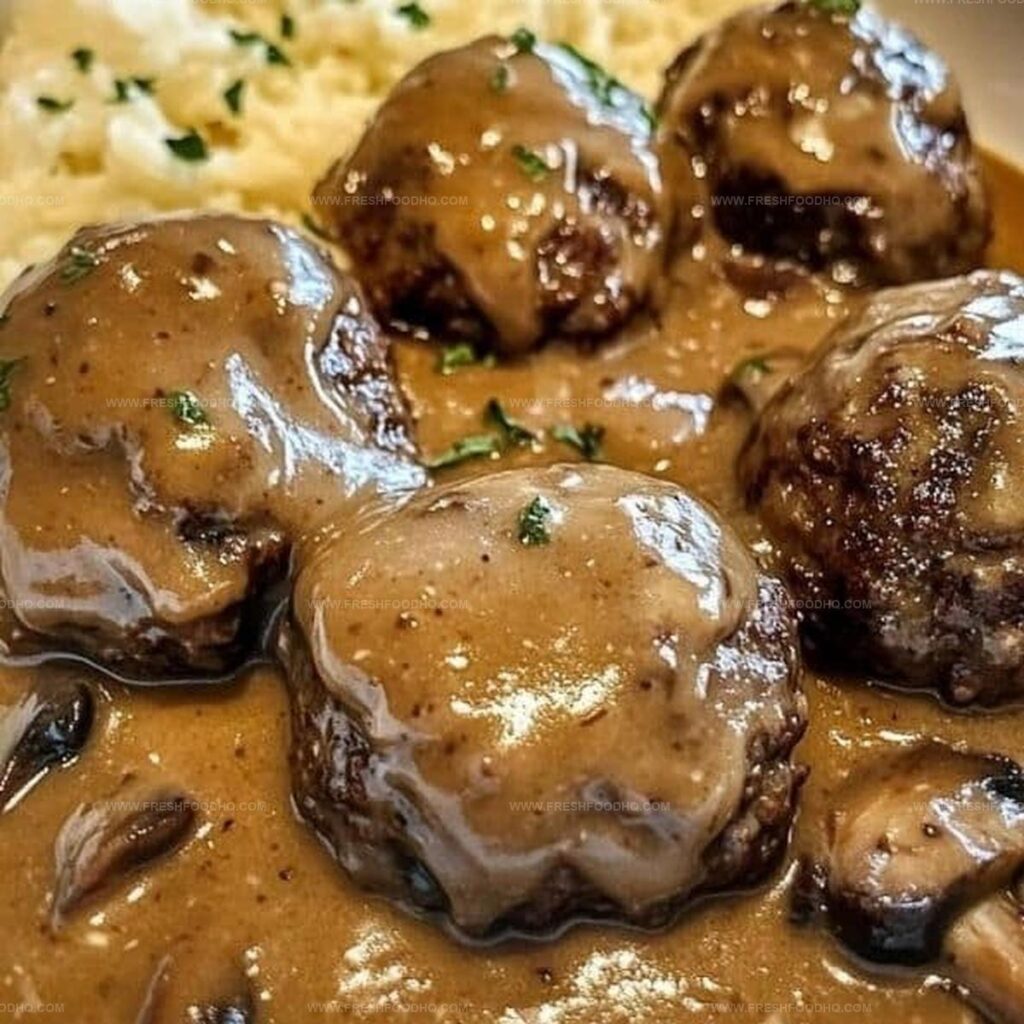 Juicy Salisbury Steak Meatballs with Mushroom Gravy Recipe - Fresh Food HQ